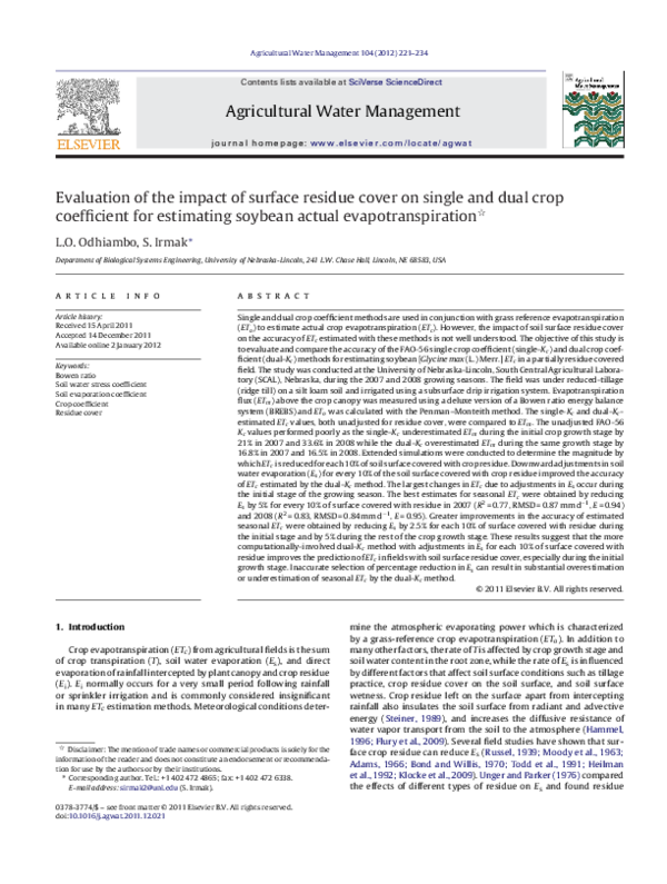 Pdf Evaluation Of The Impact Of Surface Residue Cover On Single And Dual Crop Coefficient For