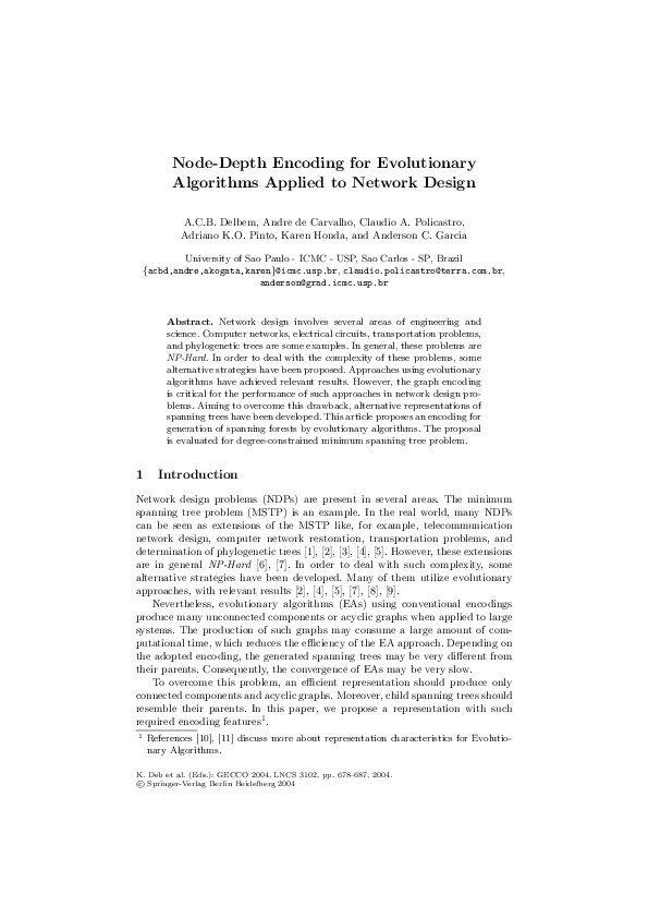 Pdf Node Depth Encoding For Evolutionary Algorithms Applied To Network Design