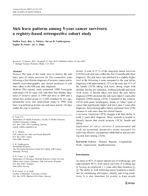 (PDF) Sick leave patterns among 5-year cancer survivors: a registry ...