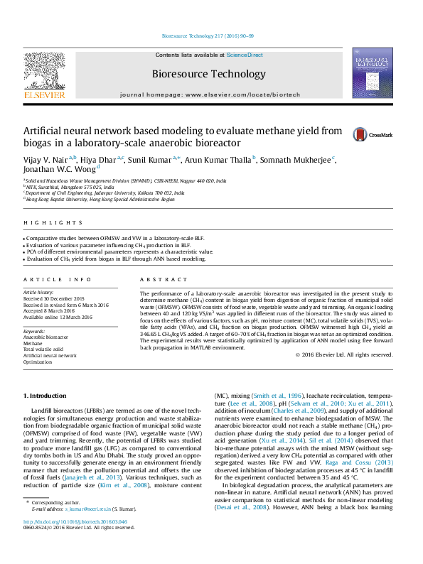 Artificial Neural Network Based Modeling To Evaluate Methane Yield From Biogas In A Laboratory