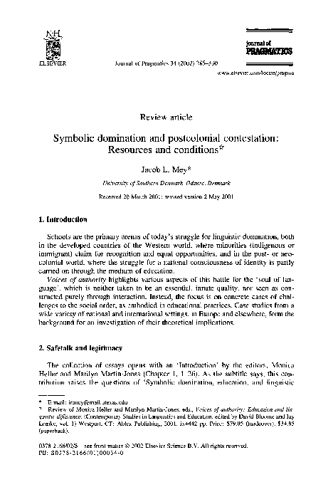 (PDF) Symbolic domination and postcolonial contestation: Resources and ...
