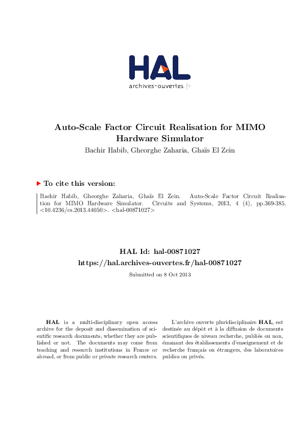 Pdf Auto Scale Factor Circuit Realisation For Mimo Hardware Simulator Bachir Habib Gheorghe