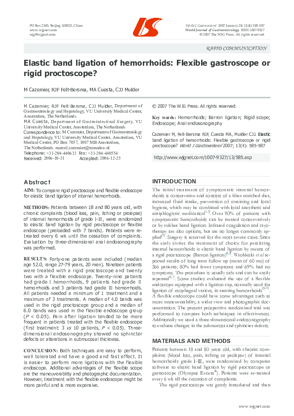 (PDF) Elastic band ligation of hemorrhoids: Flexible gastroscope or ...