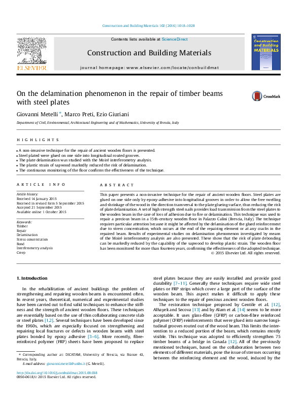 (PDF) The repair of timber beams with controlled-debonding steel plates