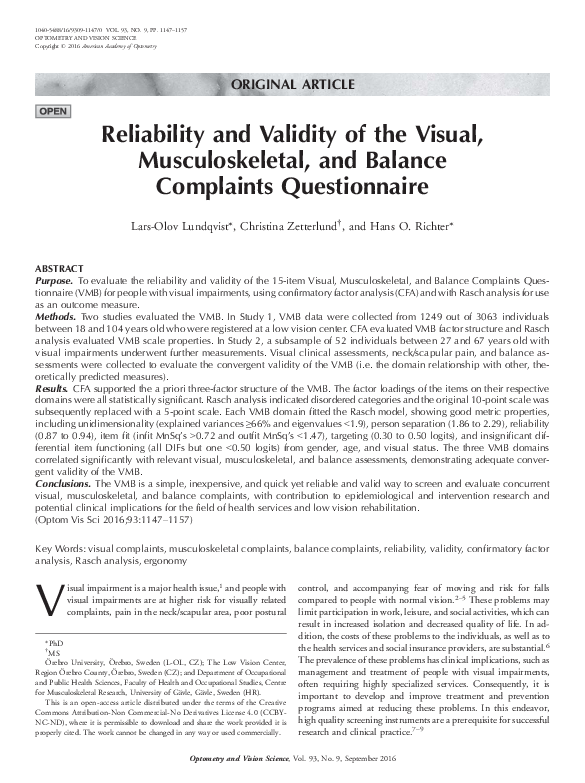 (PDF) Reliability and Validity of the Visual, Musculoskeletal, and Balance Complaints Questionnaire