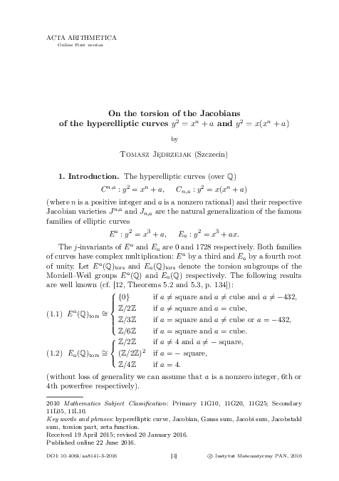 (PDF) On the torsion of the Jacobians of the hyperelliptic curves y^2=x^n+a and y^2=x(x^n+a)