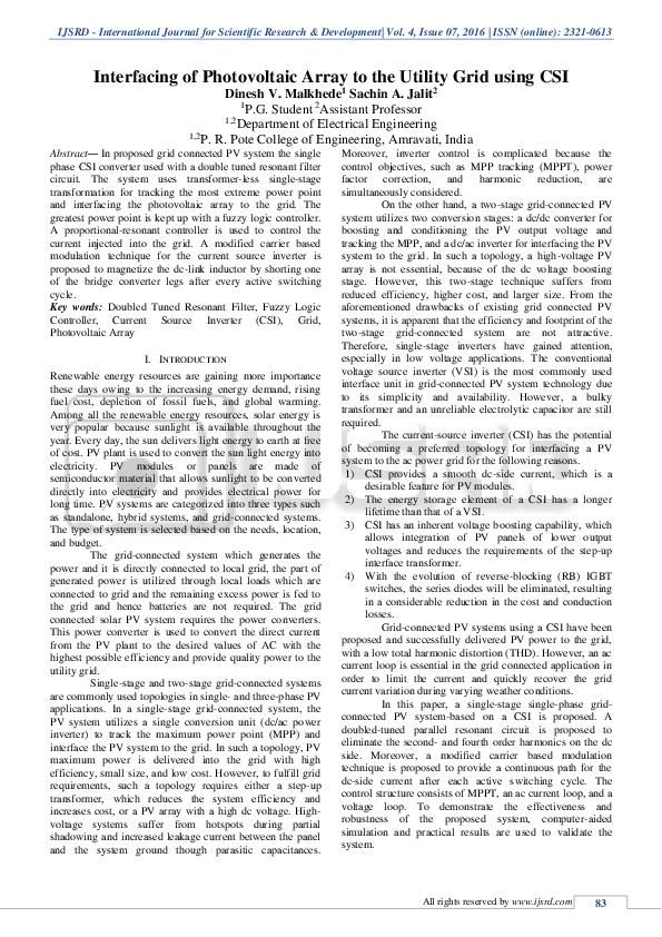 (PDF) Interfacing of Photovoltaic Array to the Utility Grid using CSI