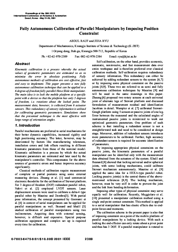 (PDF) Fully Autonomous Calibration of Parallel Manipulators by imposing position constraint