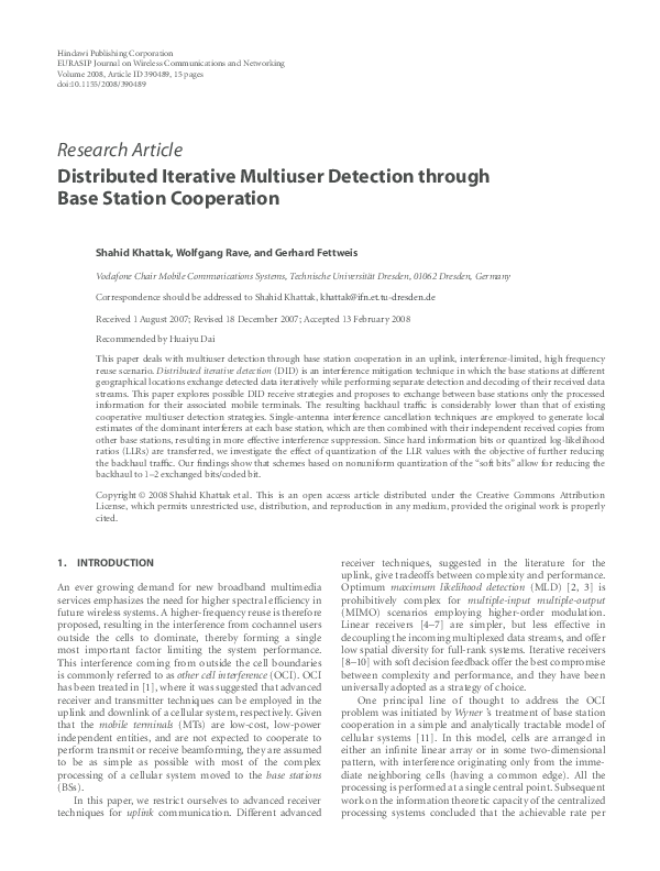 Pdf Distributed Iterative Multiuser Detection Through Base Station Cooperation