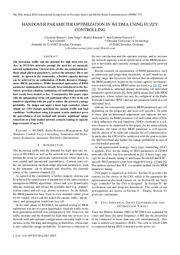 (PDF) Handover Parameter Optimization in WCDMA using Fuzzy Controlling