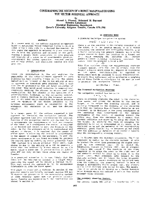 Pdf Constraining The Motion Of A Robot Manipulator Using The Vector