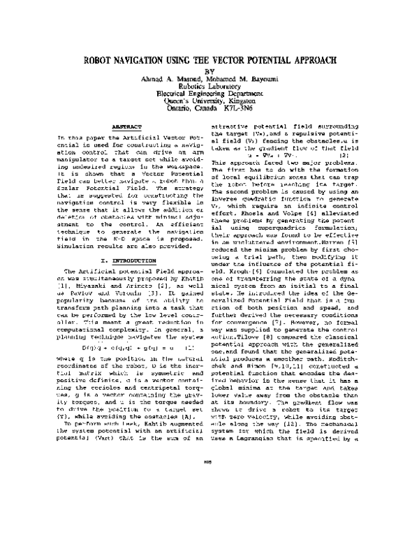 Pdf Robot Navigation Using The Vector Potential Approach