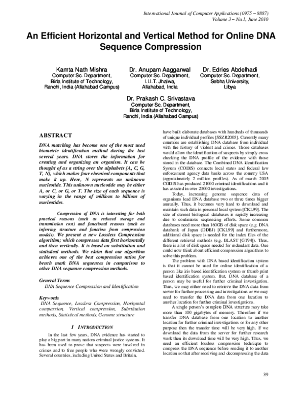 (PDF) An Efficient Horizontal and Vertical Method for DNA Sequence Compression and Identification