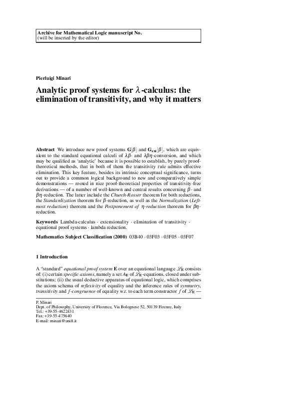 (PDF) Analytic proof systems for lambda-calculus: the elimination of transitivity, and why it ...