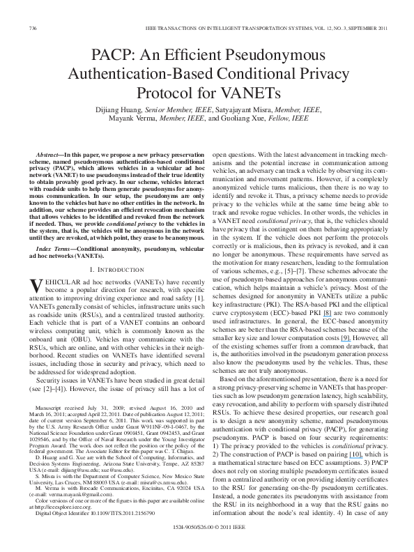 Pdf Pacp An Efficient Pseudonymous Authentication Based Conditional Privacy Protocol For Vanets