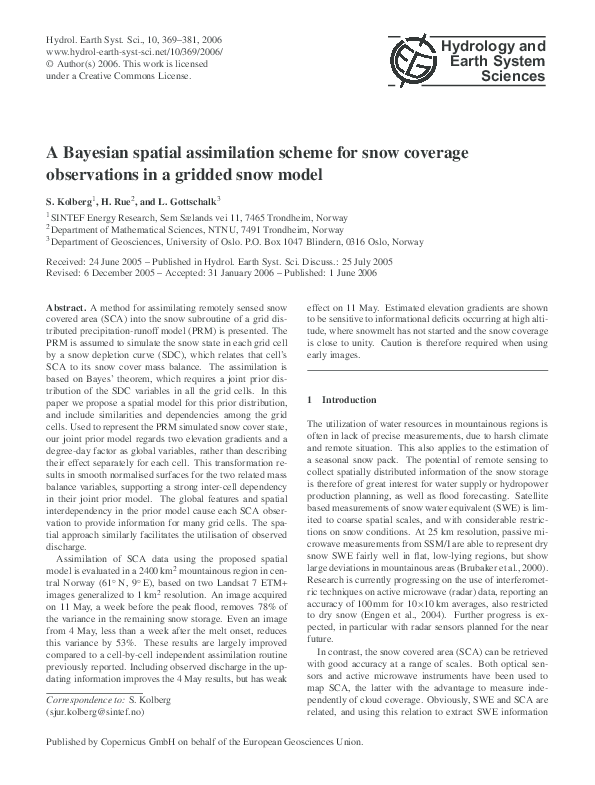 (PDF) A Bayesian spatial assimilation scheme for snow coverage ...