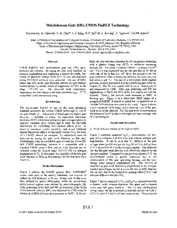 (PDF) Molybdenum gate HfO2 CMOS FinFET technology