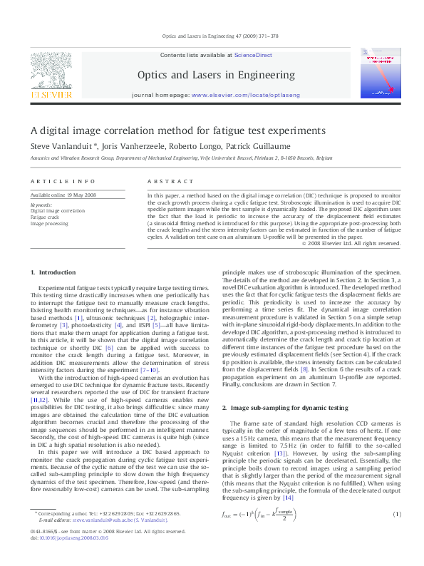 (PDF) A digital image correlation method for fatigue test experiments