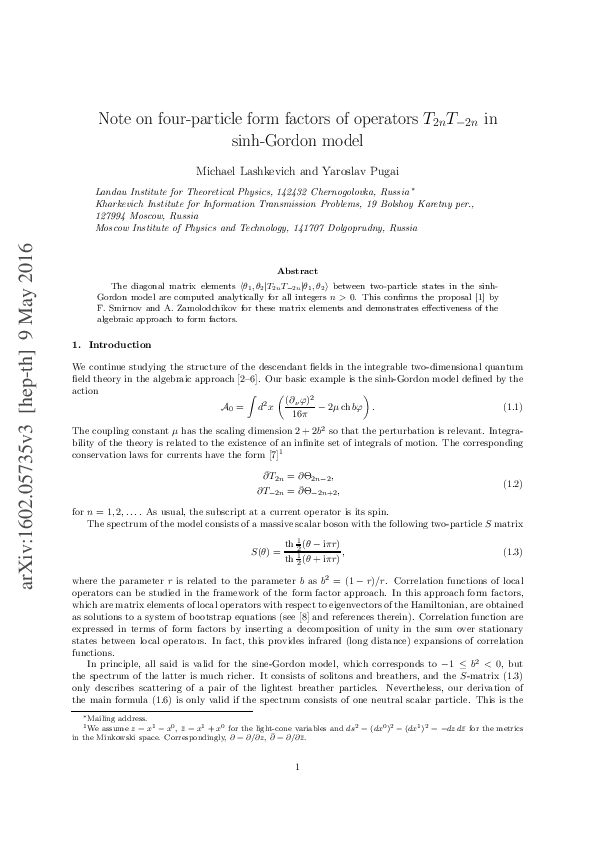 (PDF) Note on four-particle form factors of operators $T_{2n}T_{-2n ...