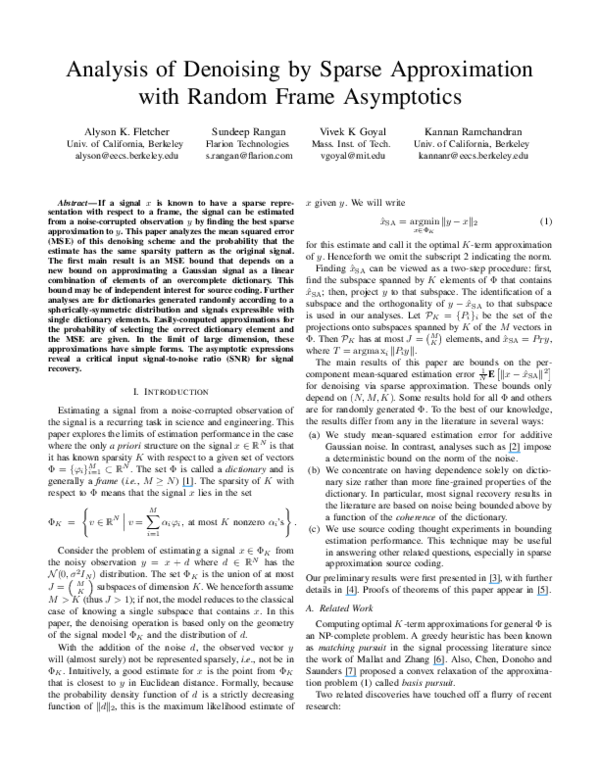 (PDF) Analysis of denoising by sparse approximation with random frame asymptotics