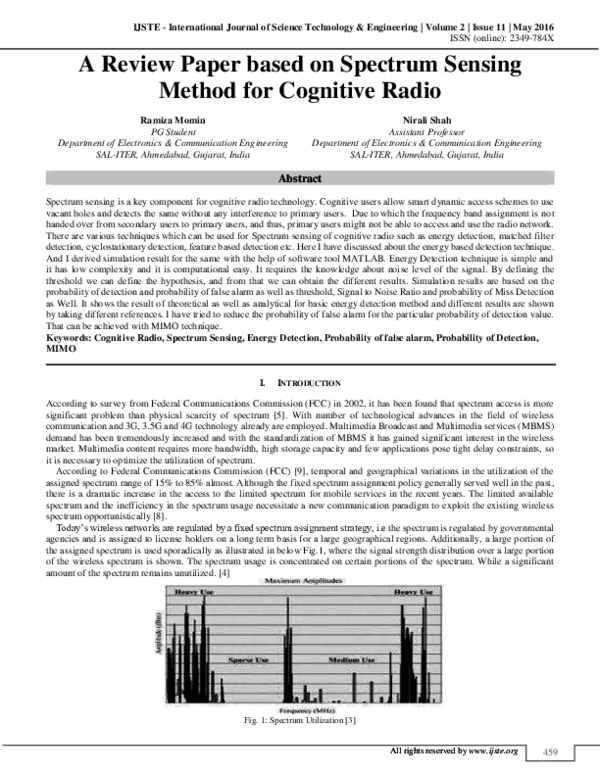 Pdf A Review Paper Based On Spectrum Sensing Method For Cognitive Radio