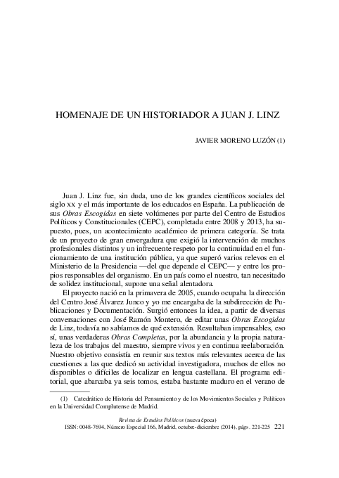 (PDF) Homenaje de un historiador a Juan J. Linz