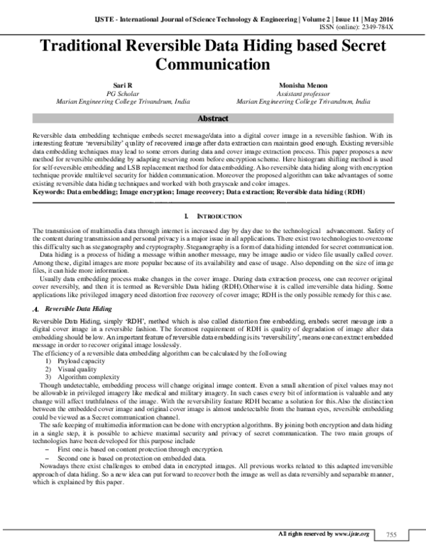 Pdf Traditional Reversible Data Hiding Based Secret Communication