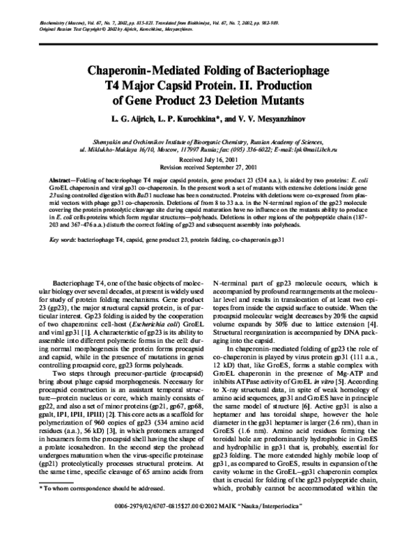 (PDF) Chaperonin-mediated folding of bacteriophage T4 major capsid ...