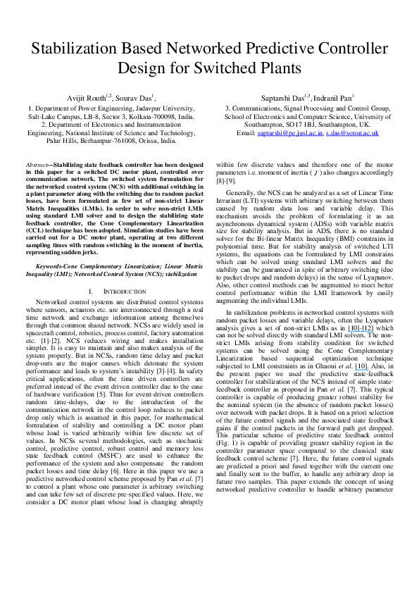 (PDF) Stabilization based networked predictive controller design for switched plants
