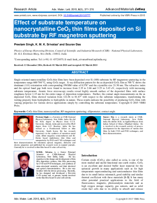 (PDF) Effect of substrate temperature on nanocrystalline CeO 2 thin films deposited on Si ...