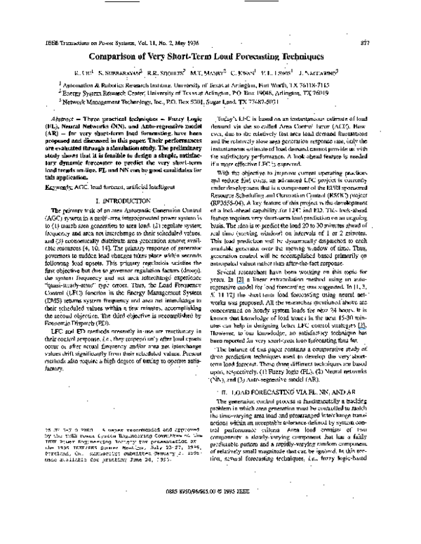 Pdf Comparison Of Very Short Term Load Forecasting Techniques