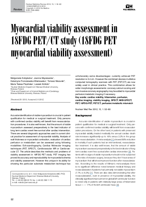 (PDF) Myocardial viability assessment in 18FDG PET/CT study (18FDG PET ...