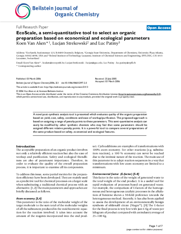 (PDF) Beilstein Journal of Organic Chemistry EcoScale, a semi ...