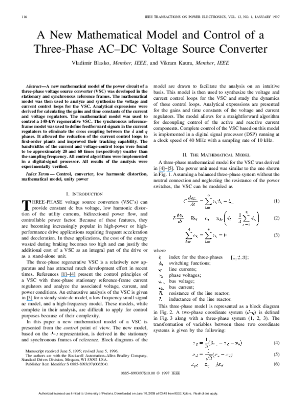 Pdf A New Mathematical Model And Control Of A Three Phase Ac Dc Voltage Source Converter