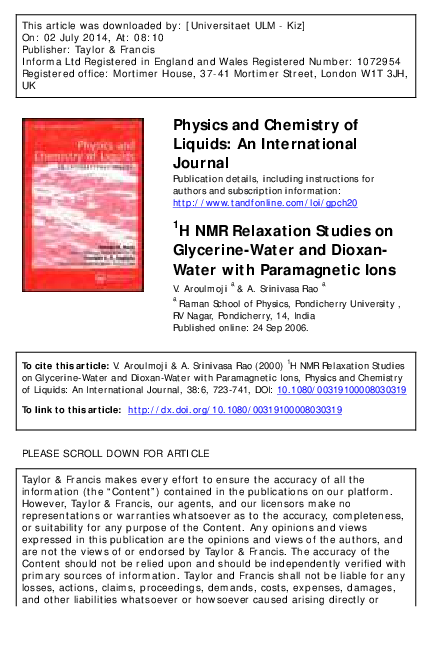 (PDF) H NMR Relaxation Studies on Glycerine-Water and Dioxan-Water with ...