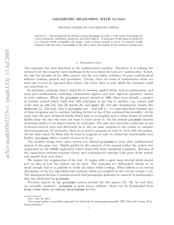 (PDF) Geometric Reasoning with polymake