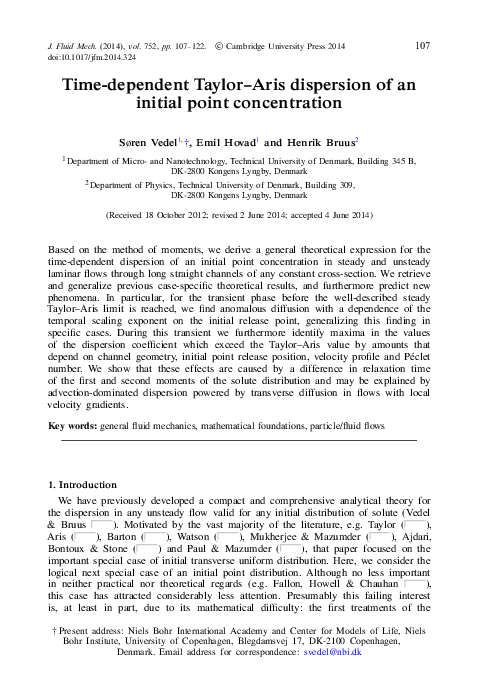 (PDF) Time-dependent Taylor–Aris dispersion of an initial point ...