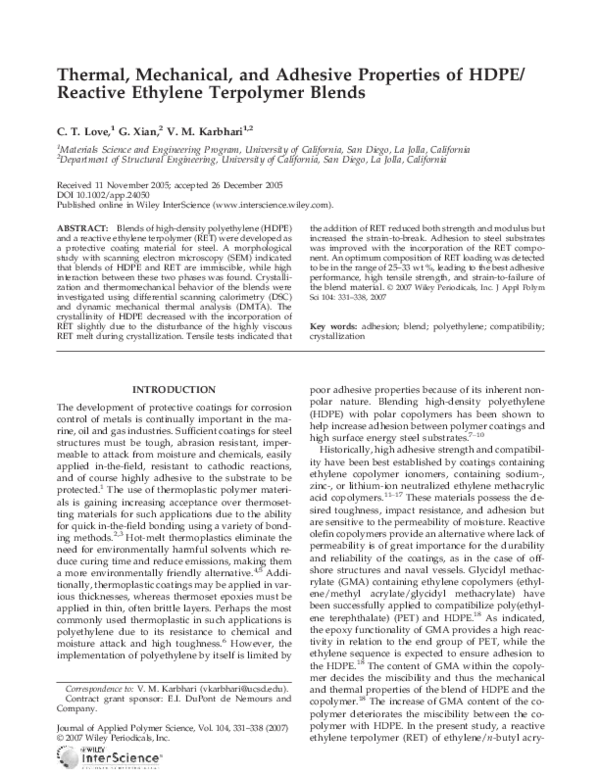 (PDF) Thermal, mechanical, and adhesive properties of HDPE/reactive ...