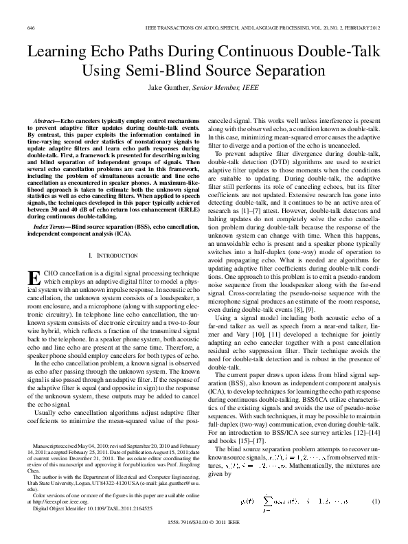 (PDF) Learning Echo Paths During Continuous Double-Talk Using Semi-Blind Source Separation