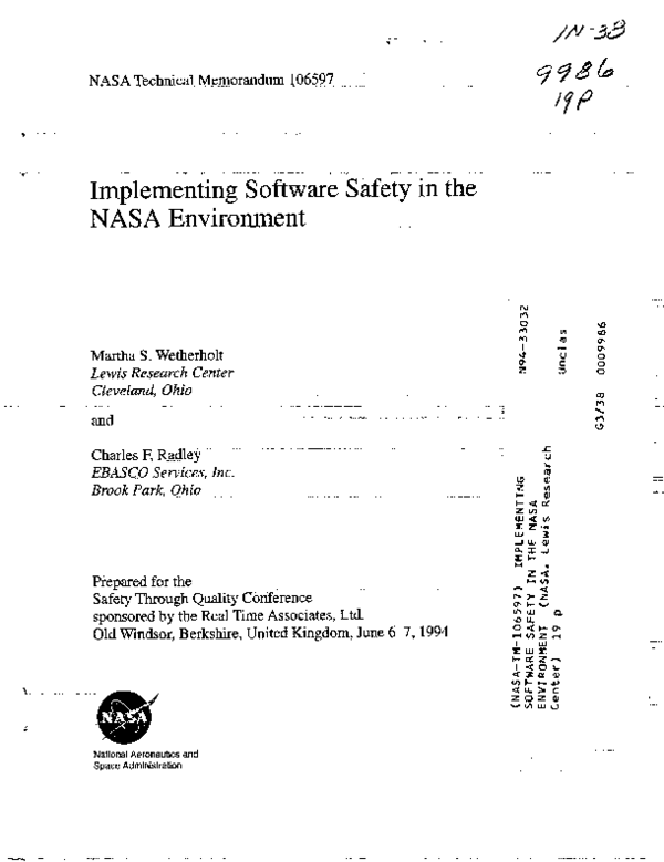 (PDF) Implementing software safety in the NASA environment