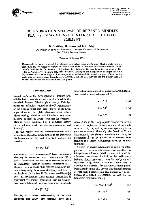 Pdf Free Vibration Analysis Of Reissner Mindlin Plates Using A Linked Interpolated Mixed Element