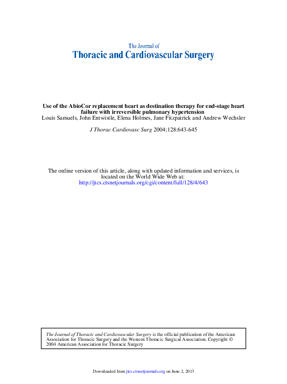 (PDF) Use of the AbioCor replacement heart as destination therapy for ...
