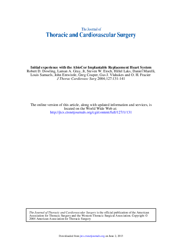 (PDF) Initial experience with the AbioCor implantable replacement heart ...
