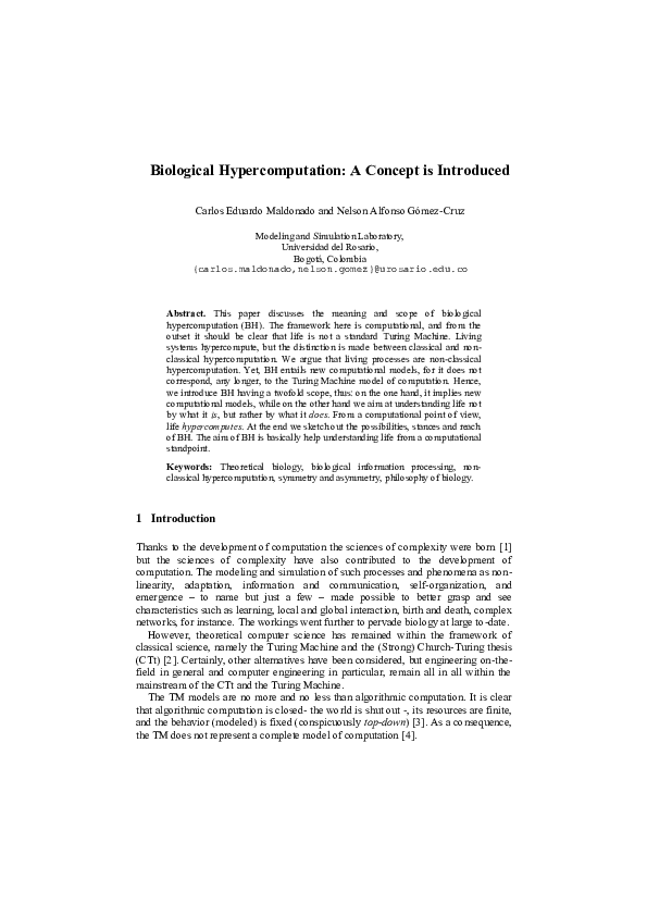 (PDF) Biological Hypercomputation: A Concept is Introduced | Carlos E D ...