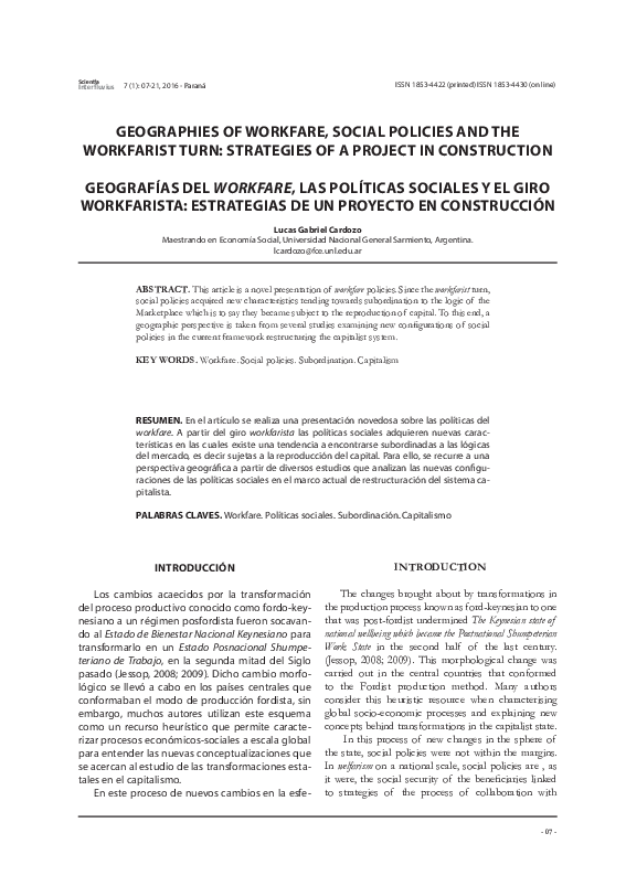 (PDF) “Geografías del Workfare. Las políticas sociales y el giro workfarista: estrategias de un ...