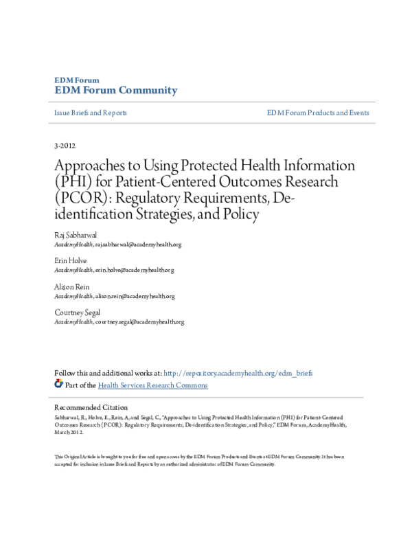 (PDF) Approaches to Using Protected Health Information (PHI) for ...