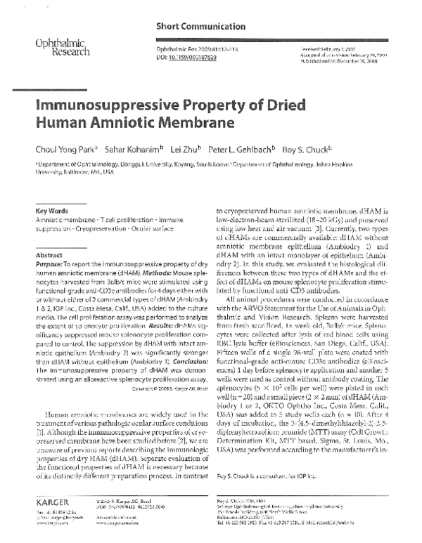 (PDF) Immunosuppressive Property of Dried Human Amniotic Membrane
