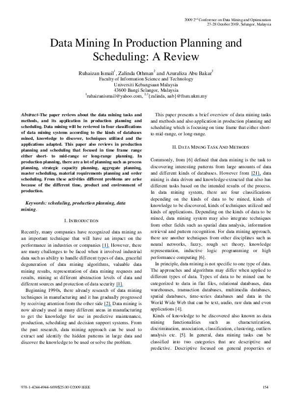 Pdf Data Mining In Production Planning And Scheduling A Review