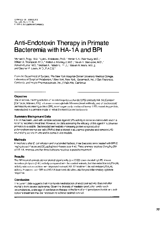 (PDF) AntiEndotoxin Therapy in Primate Bacteremia with HA1A and BPI