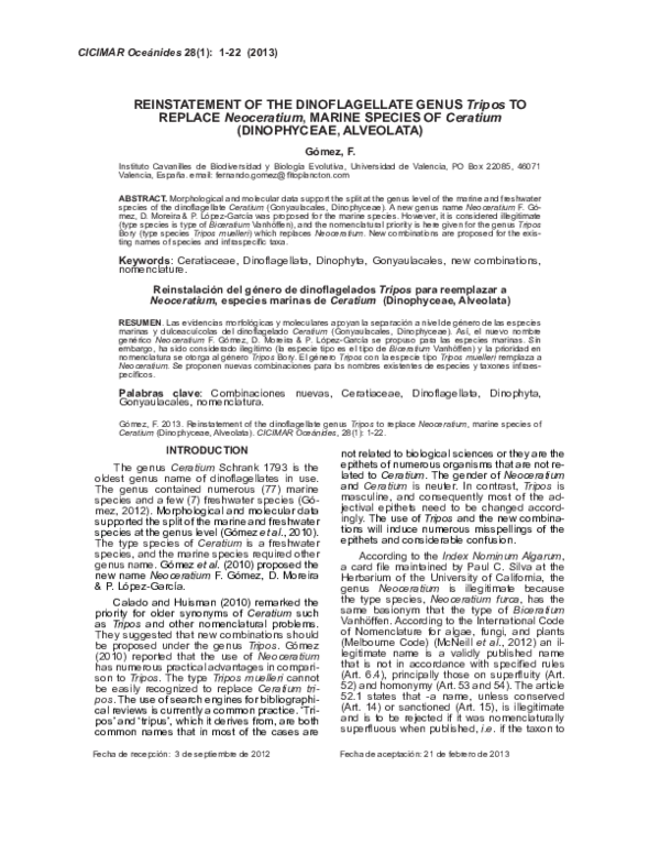 REINSTATEMENT OF THE DINOFLAGELLATE GENUS Tripos TO REPLACE Neoceratium ...